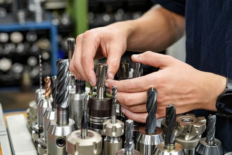 A Worker Inspects and Selects a Drill To Work on a Cnc Milling Machine ...