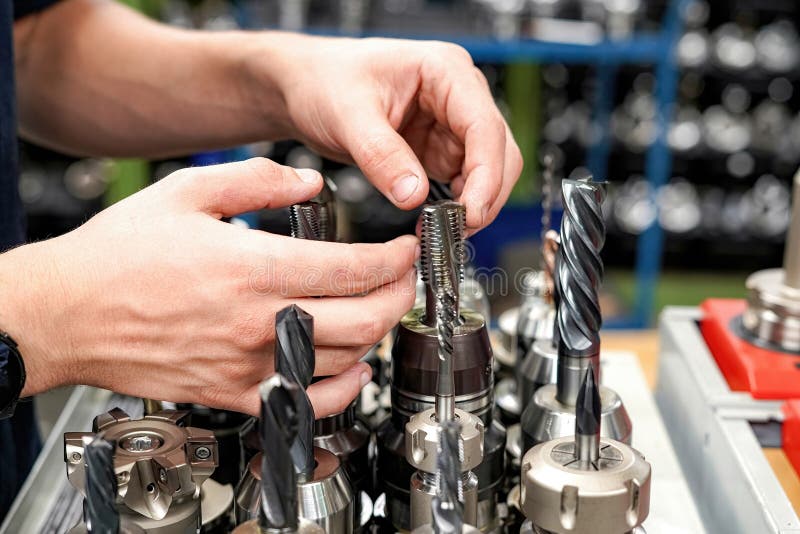 A Worker Inspects and Selects a Drill To Work on a Cnc Milling Machine ...