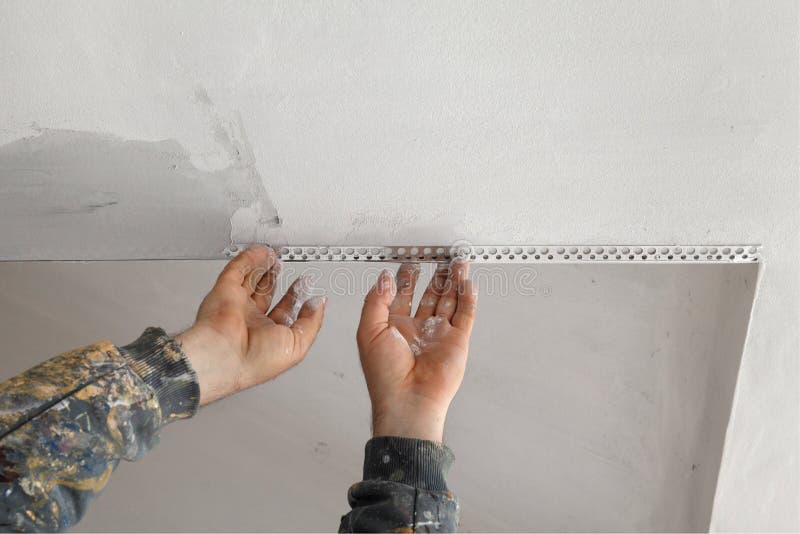 Worker Install Batten at Ceiling and Wall Stock Image - Image of house ...