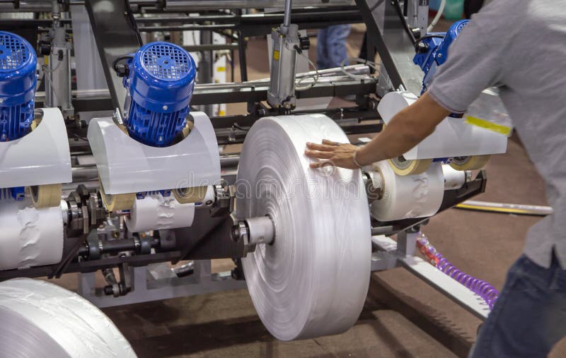 Worker Install Film Roll for Plastic Bag Extruder Machine Stock Photo ...