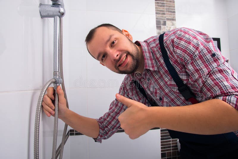 Worker Install Shower Head in Bathroom Stock Image - Image of indoors ...