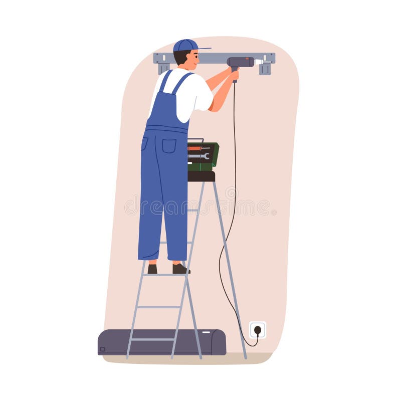 Worker Installing Air Conditioning Unit. Professional Mounting HVAC ...