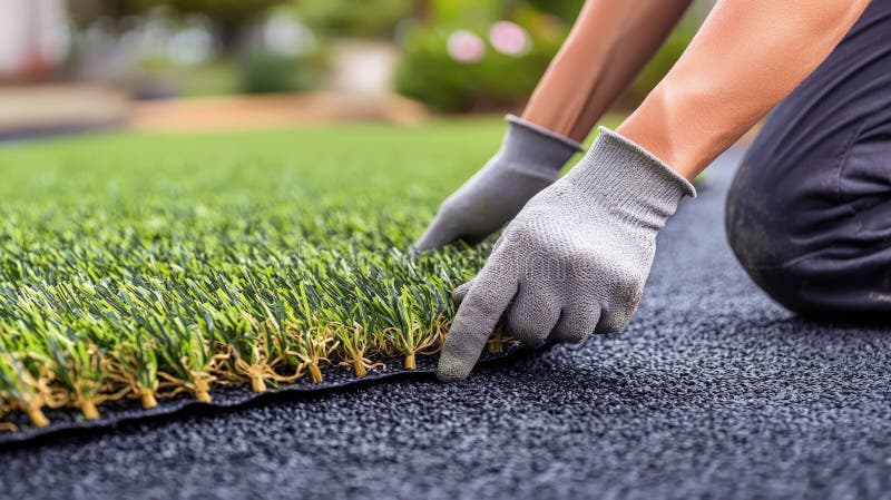Worker Installing Artificial Grass on Rubber Base, Close-up of Hands ...