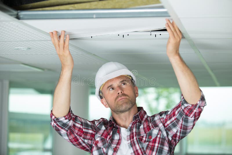 Worker Installing Ceiling Board Stock Image - Image of interior ...