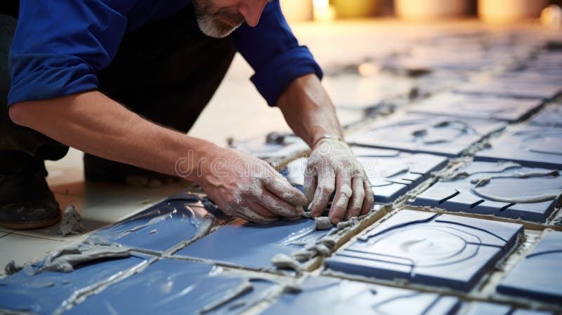 Worker Installing Ceramic Tiles. Construction and Architecture Concept ...