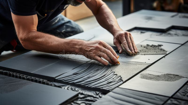 Worker Installing Ceramic Tiles. Construction and Architecture Concept ...