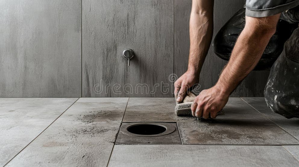 Worker Installing Ceramic Tiles in Modern Bathroom with Precision Tools ...