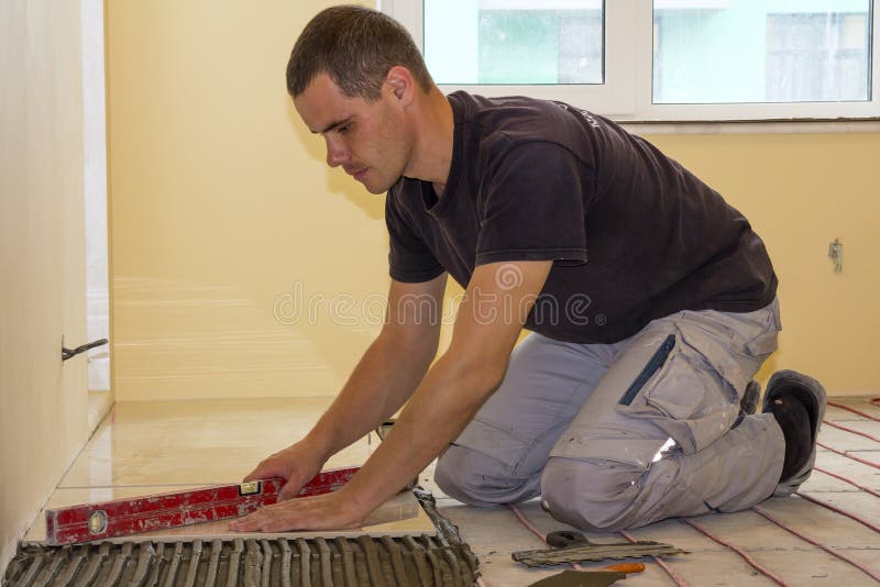 Tiler at Home Floor Tiling Renovation Work Stock Image - Image of ...