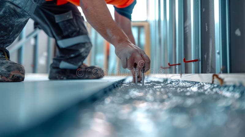 Worker Installing Floor Tiles on a Construction Site. Stock Photo ...