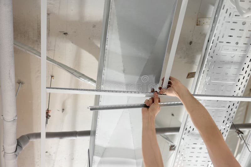 Worker Installing Metal Frame Indoors, Closeup. Suspended Ceiling Stock ...