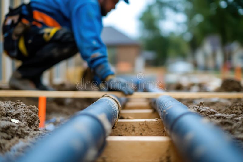 A Worker is Installing Pipes on a Construction Site, Focusing on the ...