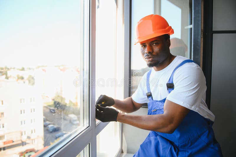 Worker Installing Plastic Window Indoors Stock Photo - Image of modern ...