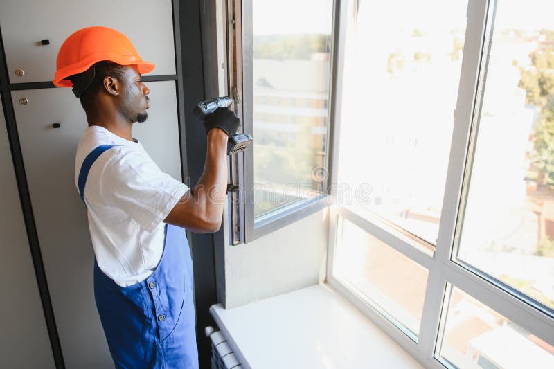 Worker Installing Plastic Window Indoors. Stock Photo - Image of person ...