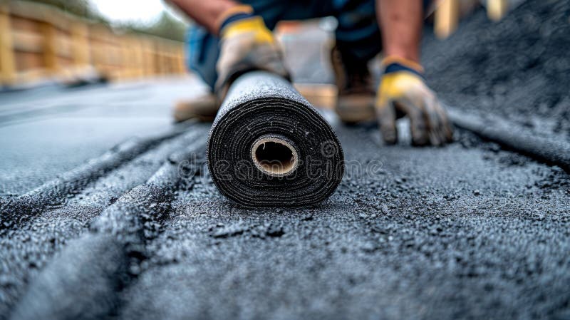 Worker Installing Roofing with Asphalt Roll on a Construction Site ...