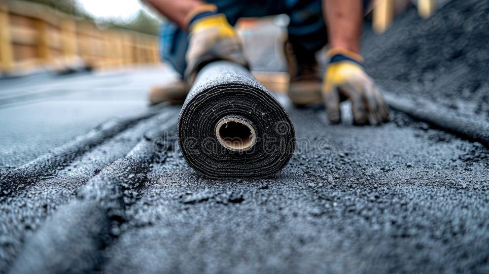 Worker Installing Roofing with Asphalt Roll on a Construction Site ...
