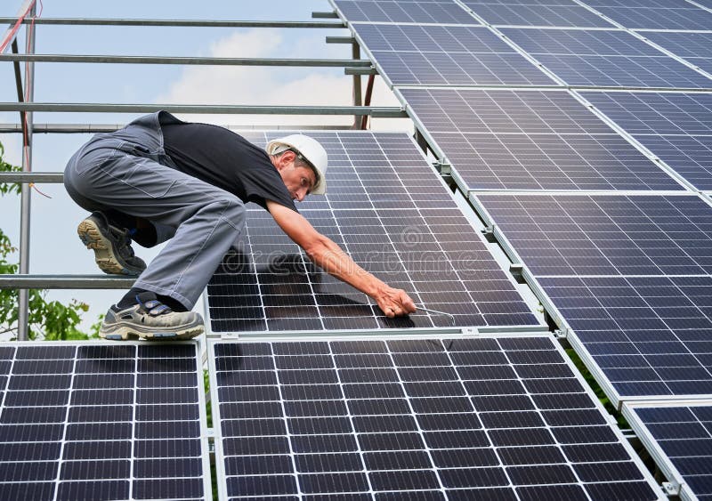 Worker Installing Solar Panel on Metal Beams Stock Image - Image of ...