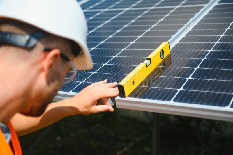Worker Installing Solar Panels Outdoors Stock Image - Image of panel ...