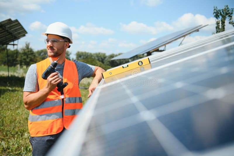 Worker Installing Solar Panels Outdoors Stock Image - Image of ...