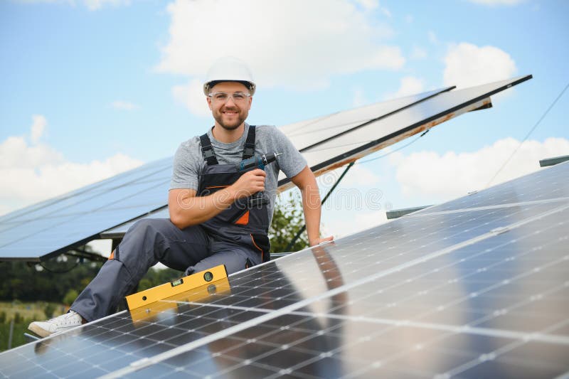 Worker Installing Solar Panels Outdoors Stock Image - Image of person ...