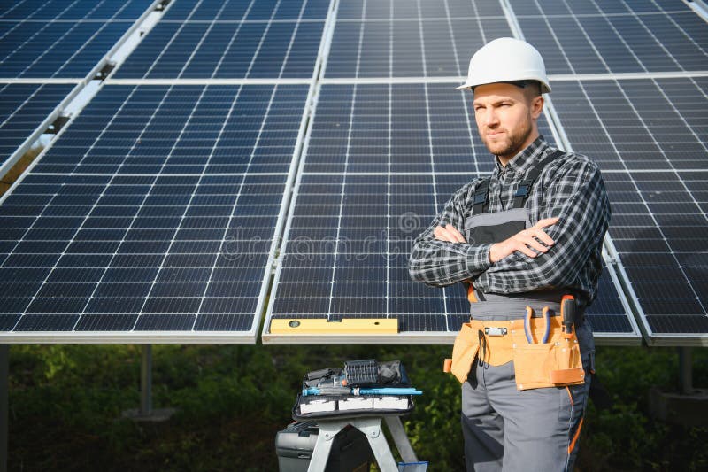Worker Installing Solar Panels Outdoors Stock Photo - Image of cell ...