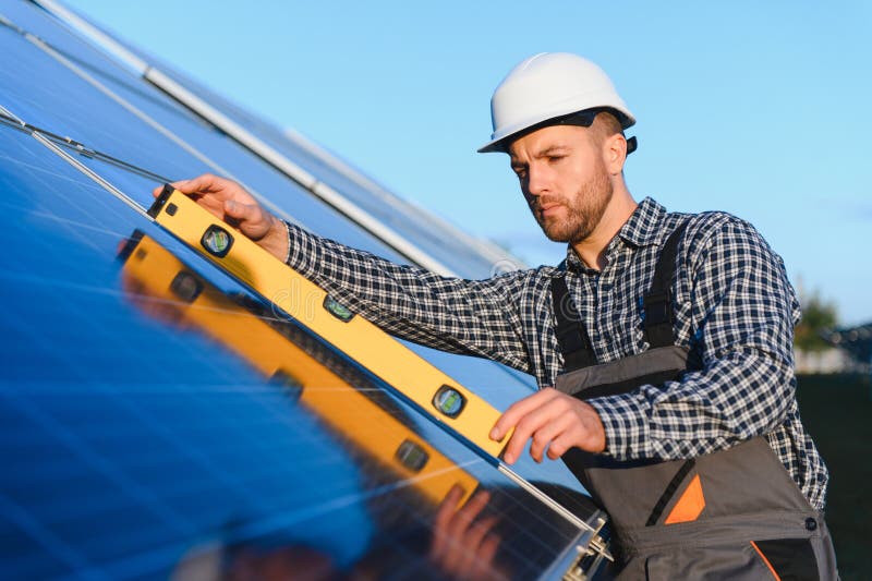 Worker Installing Solar Panels Outdoors Stock Image - Image of ...