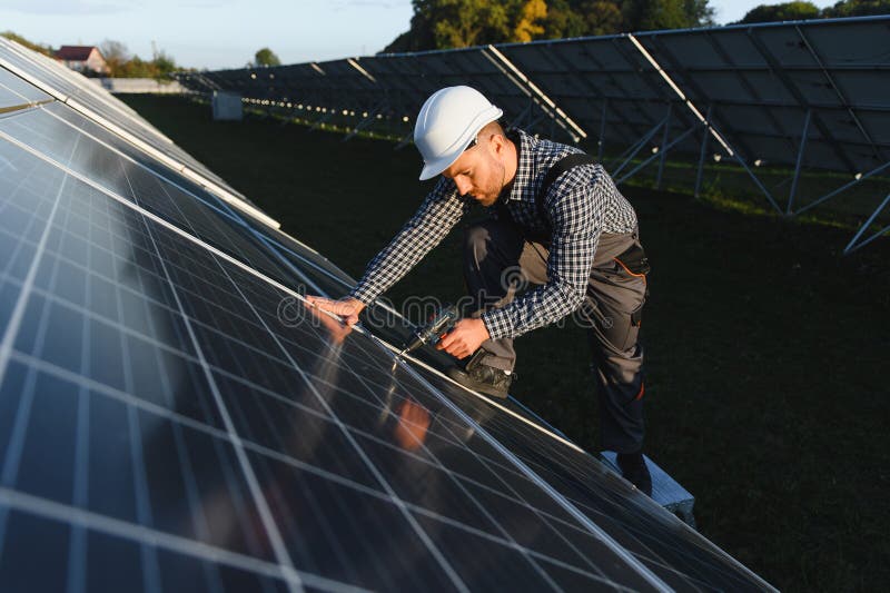 Worker Installing Solar Panels Outdoors Stock Image - Image of ecology ...