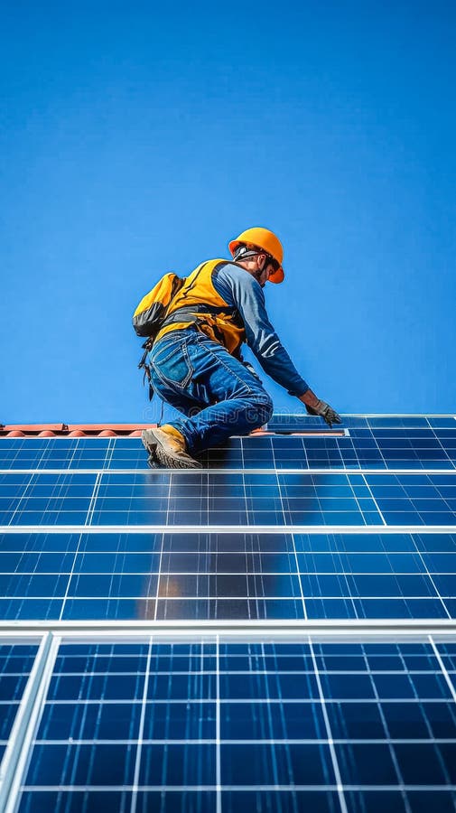 Worker Installing Solar Panels on Roof in Bright Sunlight Stock Image ...