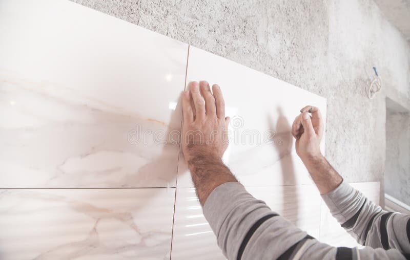 Worker Installing Tile on the Wall Stock Image - Image of contractor ...