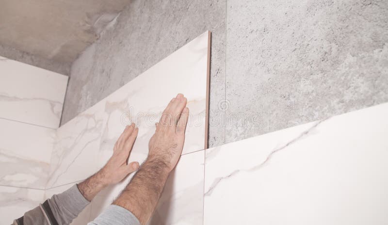 Worker Installing Tile on the Wall Stock Photo - Image of improvement ...