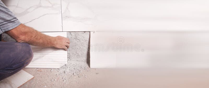 Worker Installing Tile on the Wall Stock Image - Image of construction ...
