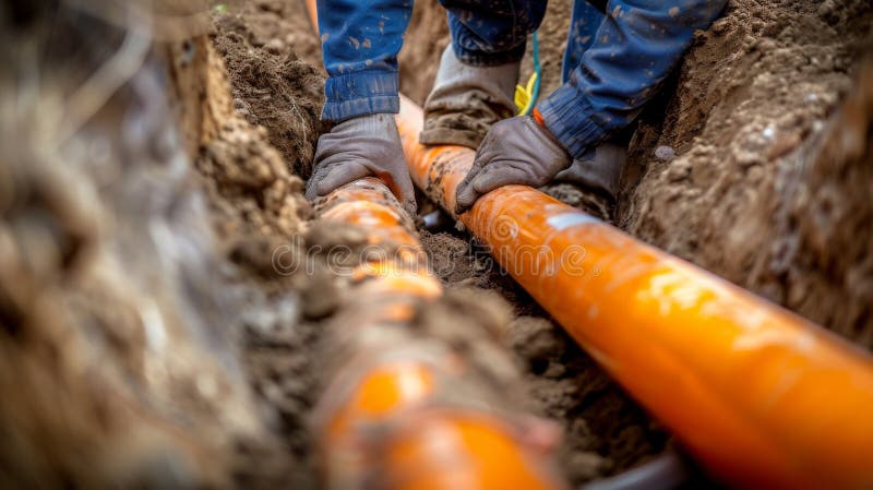 Worker Installing Underground Pipeline. AI Generated Stock Photo ...