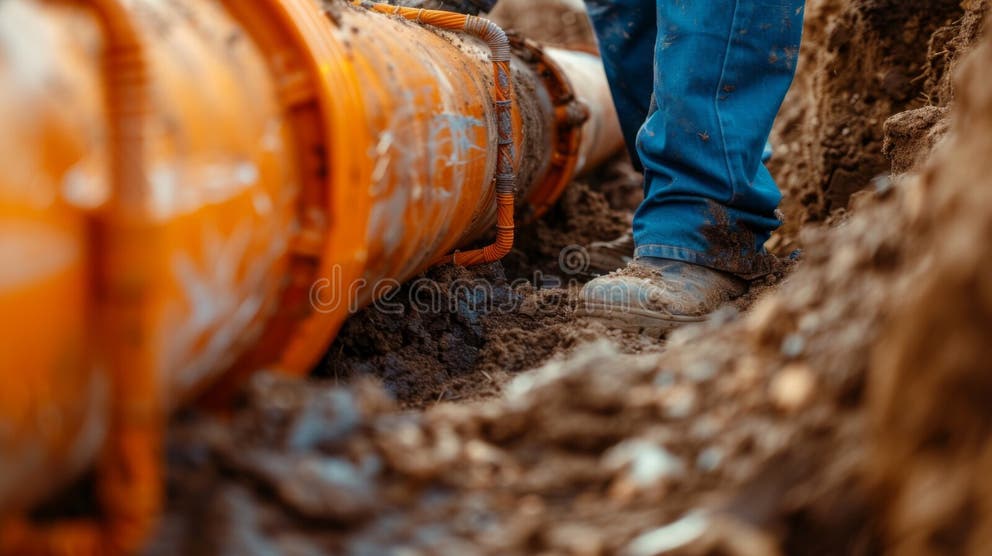 A Worker Installing Underground Pipeline. AI Generated Stock Image ...