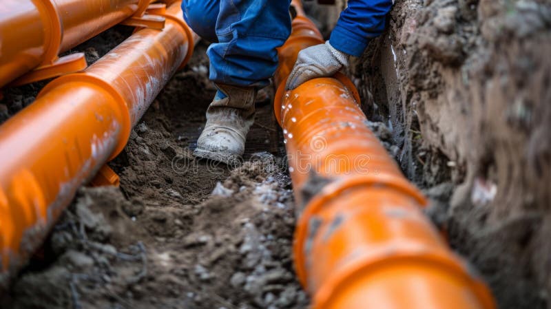Worker Installing Underground Pipes. AI Generated Stock Photo - Image ...