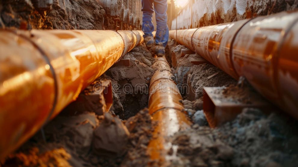 Worker Installing Underground Pipes. AI Generated Stock Photo - Image ...