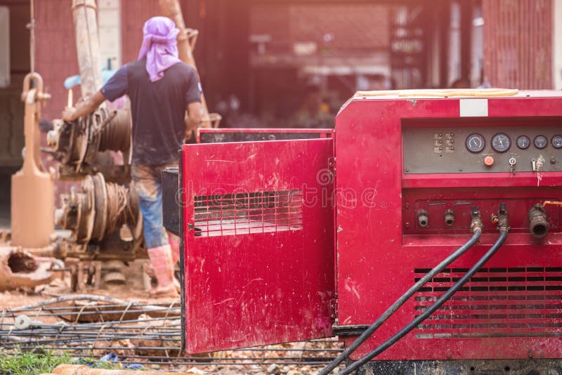Worker Installing Wet-process Bored Pile for Outside Public Cons Stock ...