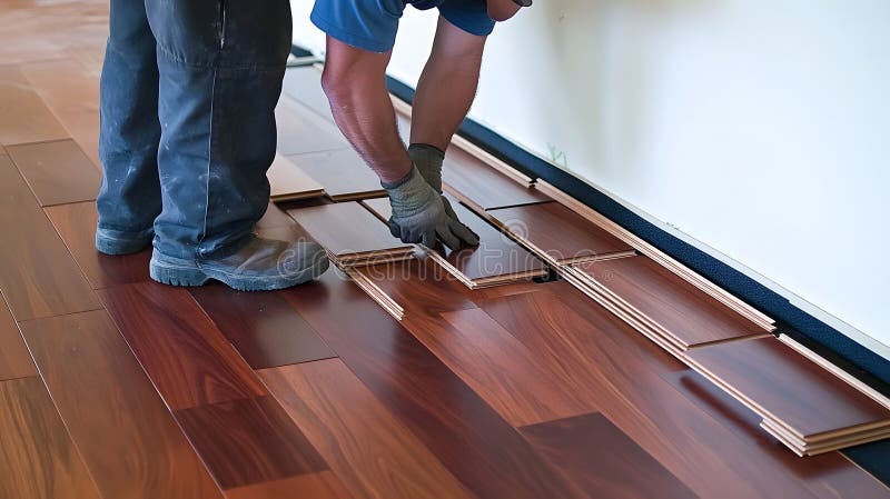 Worker Installing Wooden Flooring Panels Stock Photo - Image of ...