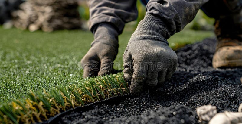 Worker Installs Artificial Turf on Black Rubber Base Using Gloved Hands ...