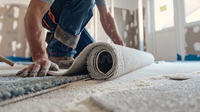 Worker Installs New Carpet in a Modern Room, Emphasizing Quality and ...