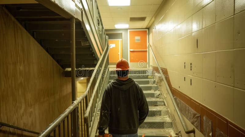 A Worker Installs Emergency Lighting in Stairwells and Hallways for ...