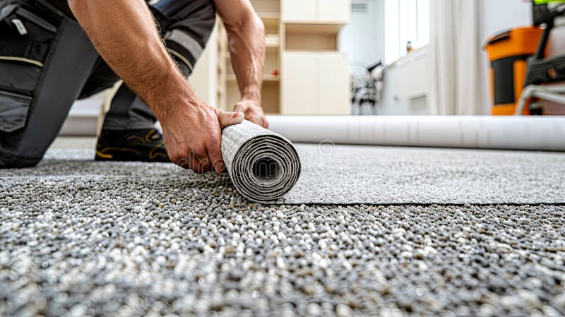 Worker Installs New Carpet in Cozy Room, Showcasing Quality Materials ...