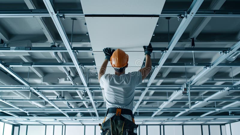 Worker Installs Suspended Ceiling Panels with Precision in a ...