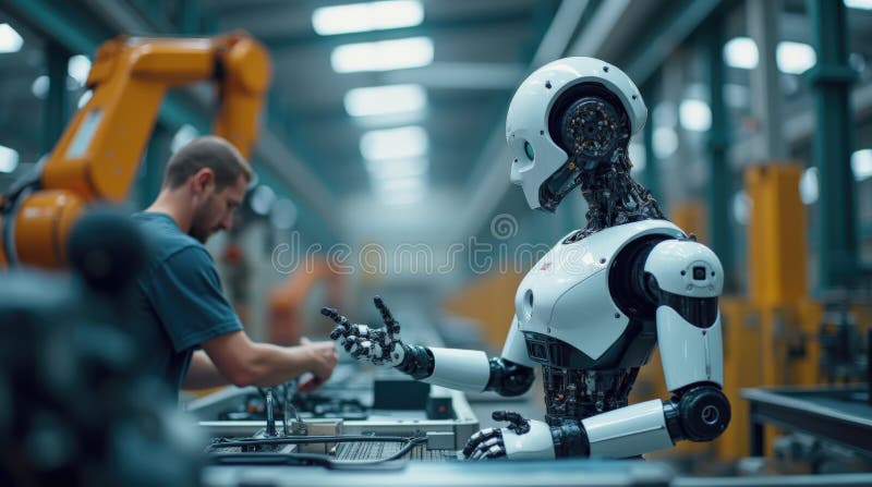 A Worker Interacts with a Humanoid Robot in a Manufacturing Environment ...
