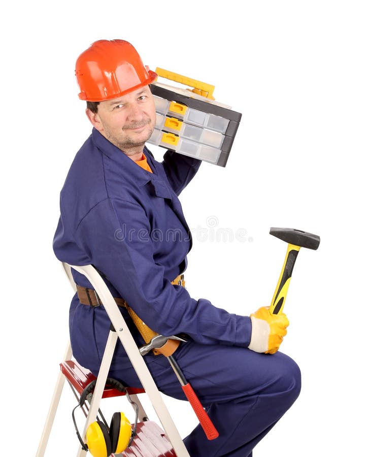 Worker on Ladder with Hammer and Toolbox Stock Image - Image of ...
