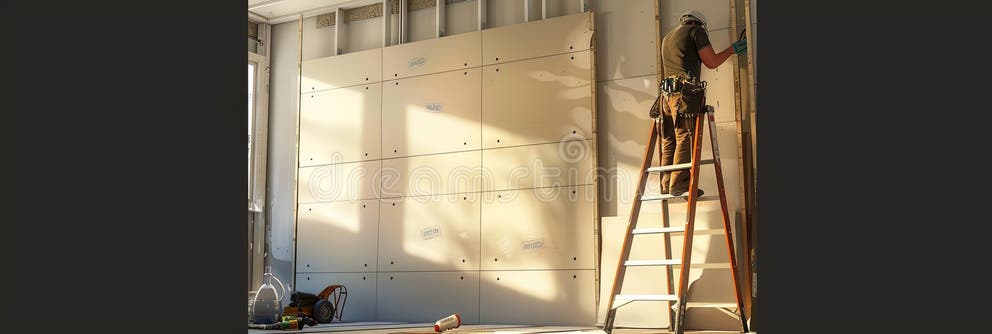 Worker Fitting Drywall Panels To Stud Frame during Renovation, Showcasing Tools and Progress in ...