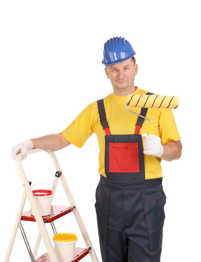 Worker on Ladder with Roller Stock Image - Image of pliers ...