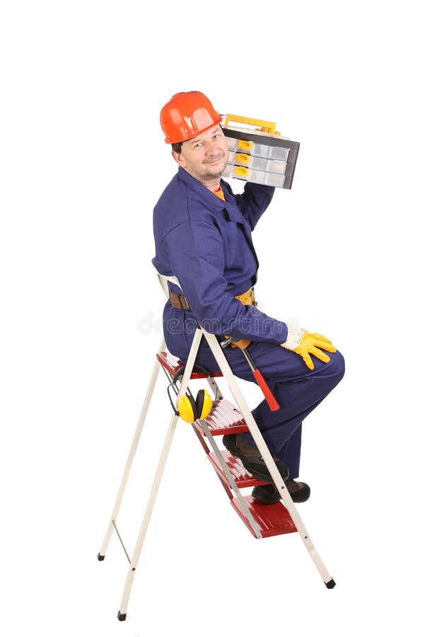 Worker on Ladder with Toolbox. Stock Image - Image of worker, orange ...