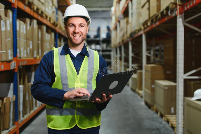 Worker with Laptop Computer in Mail Order Warehouse Stock Image - Image ...
