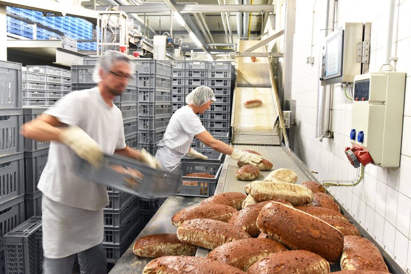 Worker in a Large Bakery - Industrial Production of Bakery Products on ...
