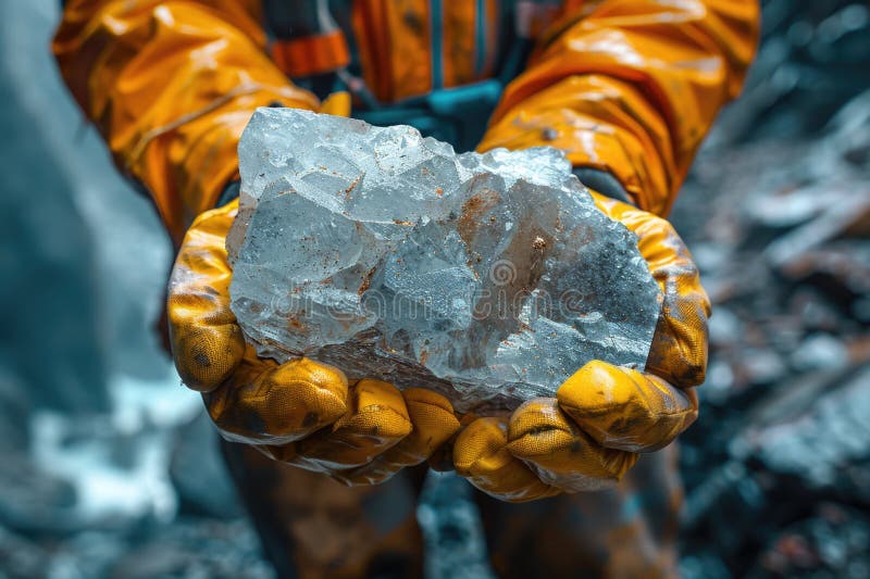 Worker in Lithium Mine Holding Lithium Stone in Yellow-Gloved Hands ...