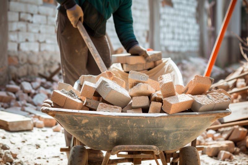 Worker Loading Bricks into a Wheelbarrow Near a Site Stock Photo ...